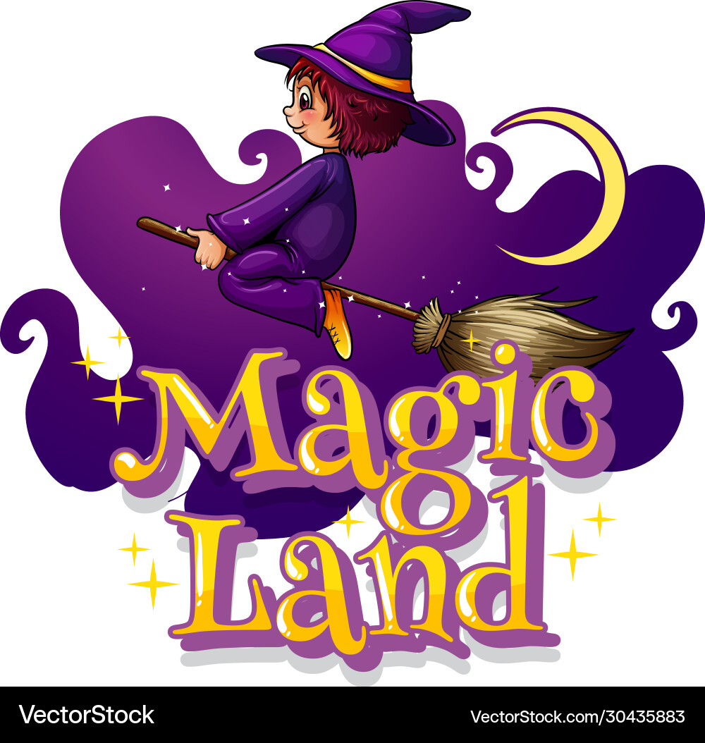Font design for word magic land with witch flying Vector Image