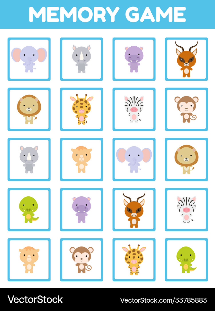 Memory game with cute set cartoon animals cards Vector Image