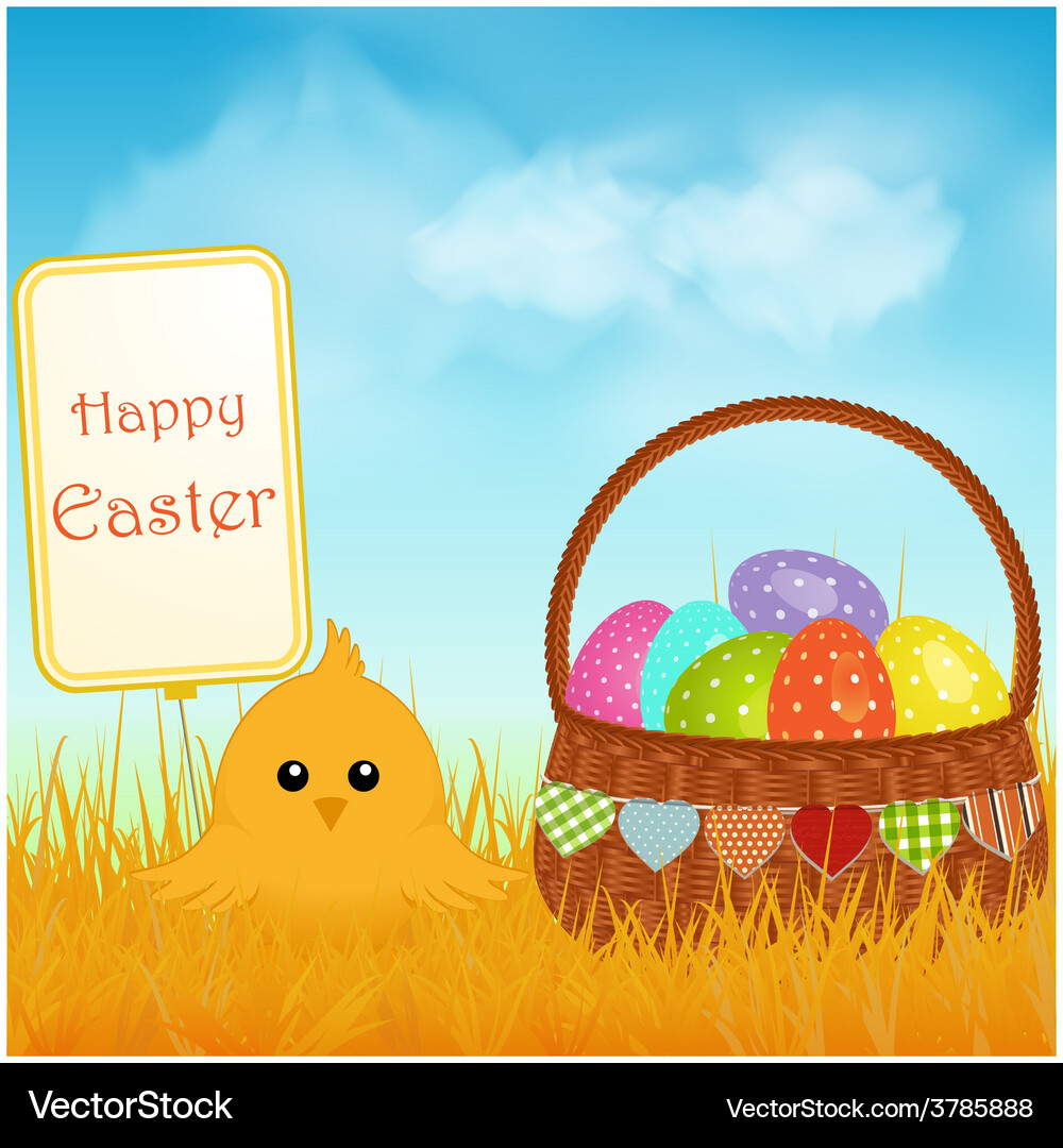 Easter chick and sign with basket eggs Royalty Free Vector