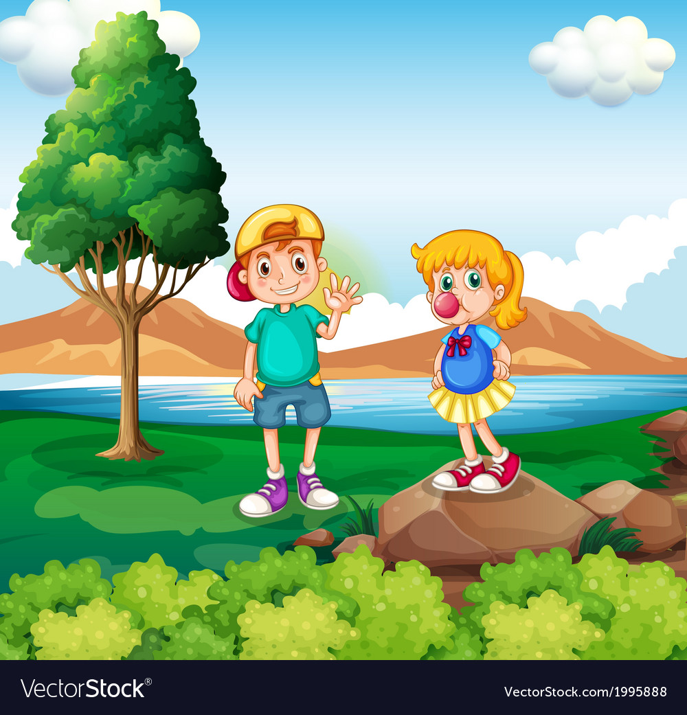Two kids at riverside Royalty Free Vector Image Two kids at riverside Royalty Free Vector Image
