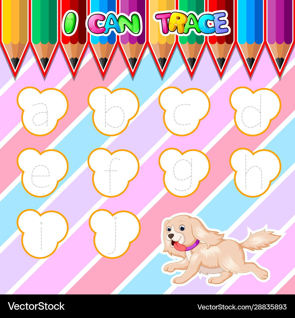 A - j alphabet letters tracing worksheet Vector Image