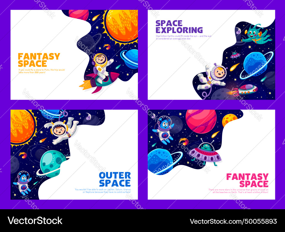 Cartoon space posters kids astronauts and aliens Vector Image