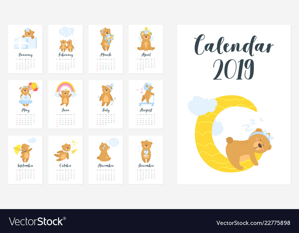 2019 cute teddy bear calendar Royalty Free Vector Image