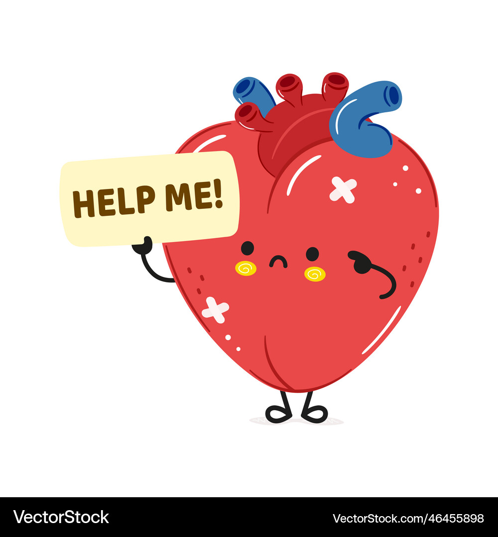 Cute sad sick heart organ asks for help character Vector Image