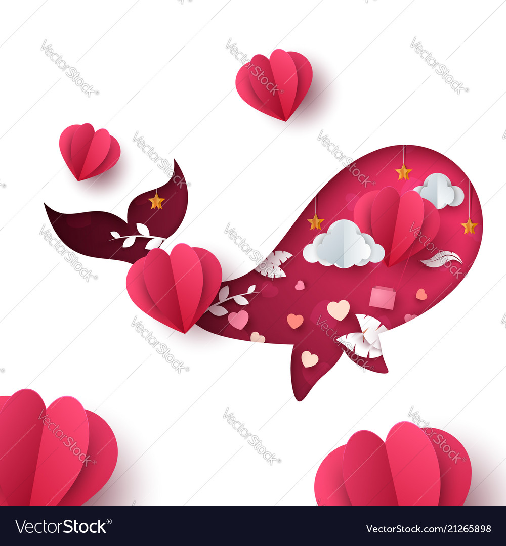 Valentines day whale paper cartoon Royalty Free Vector Image
