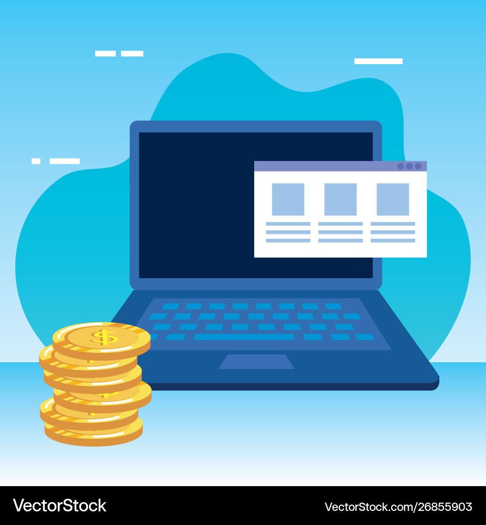 Coins money dollars with laptop Royalty Free Vector Image
