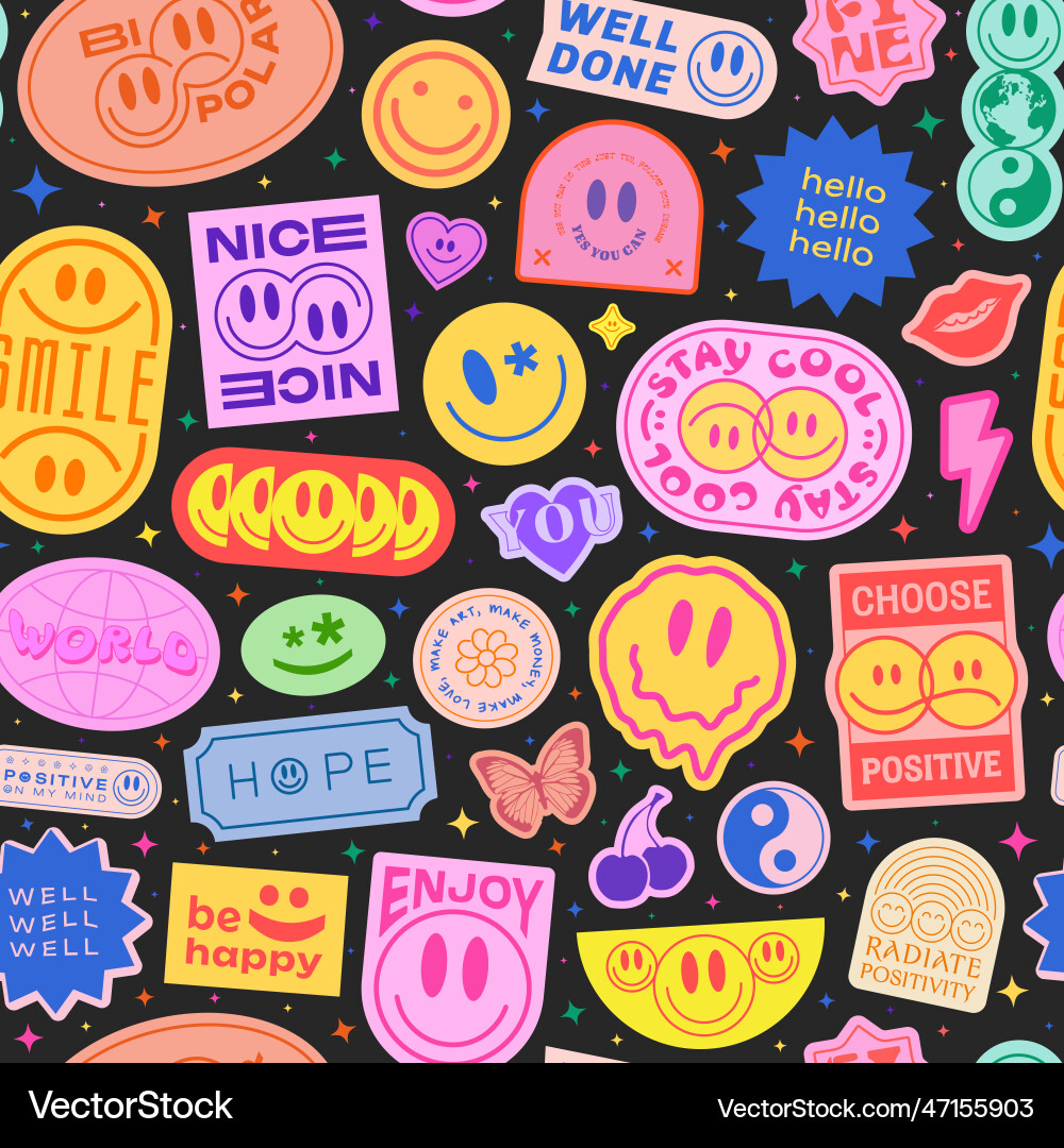 Cool groovy stickers seamless pattern y2k patches Vector Image