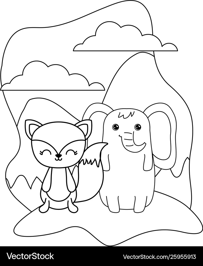 Cute elephant with fox animals in landscape Vector Image