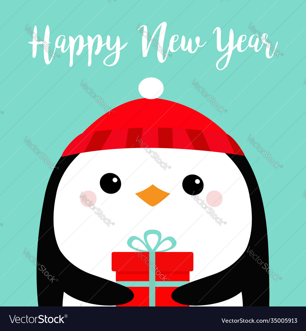 Happy new year penguin bird head face holding Vector Image