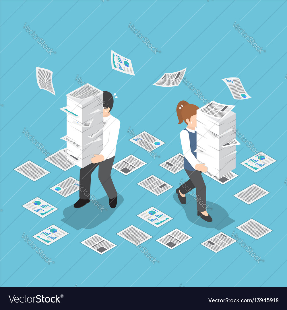 Isometric stressful businessman holding stack of Vector Image Isometric stressful businessman holding stack of Vector Image