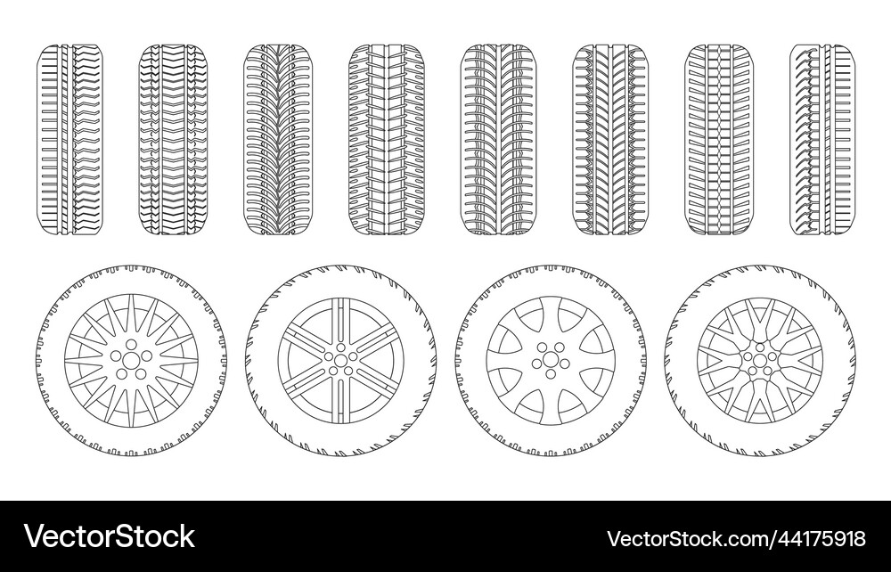 Tire wheels realistic outline set icon Royalty Free Vector