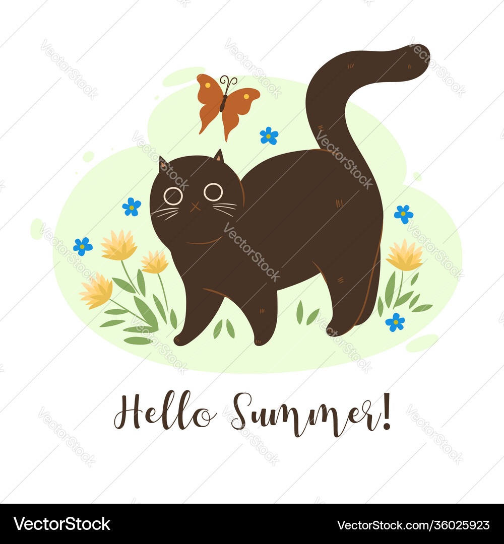 Cute summer cat and flowers graphics Royalty Free Vector