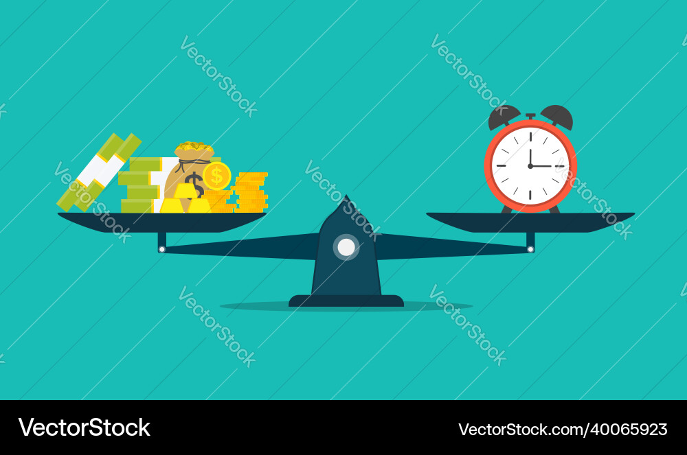 Money and clock on scale balance time is Vector Image