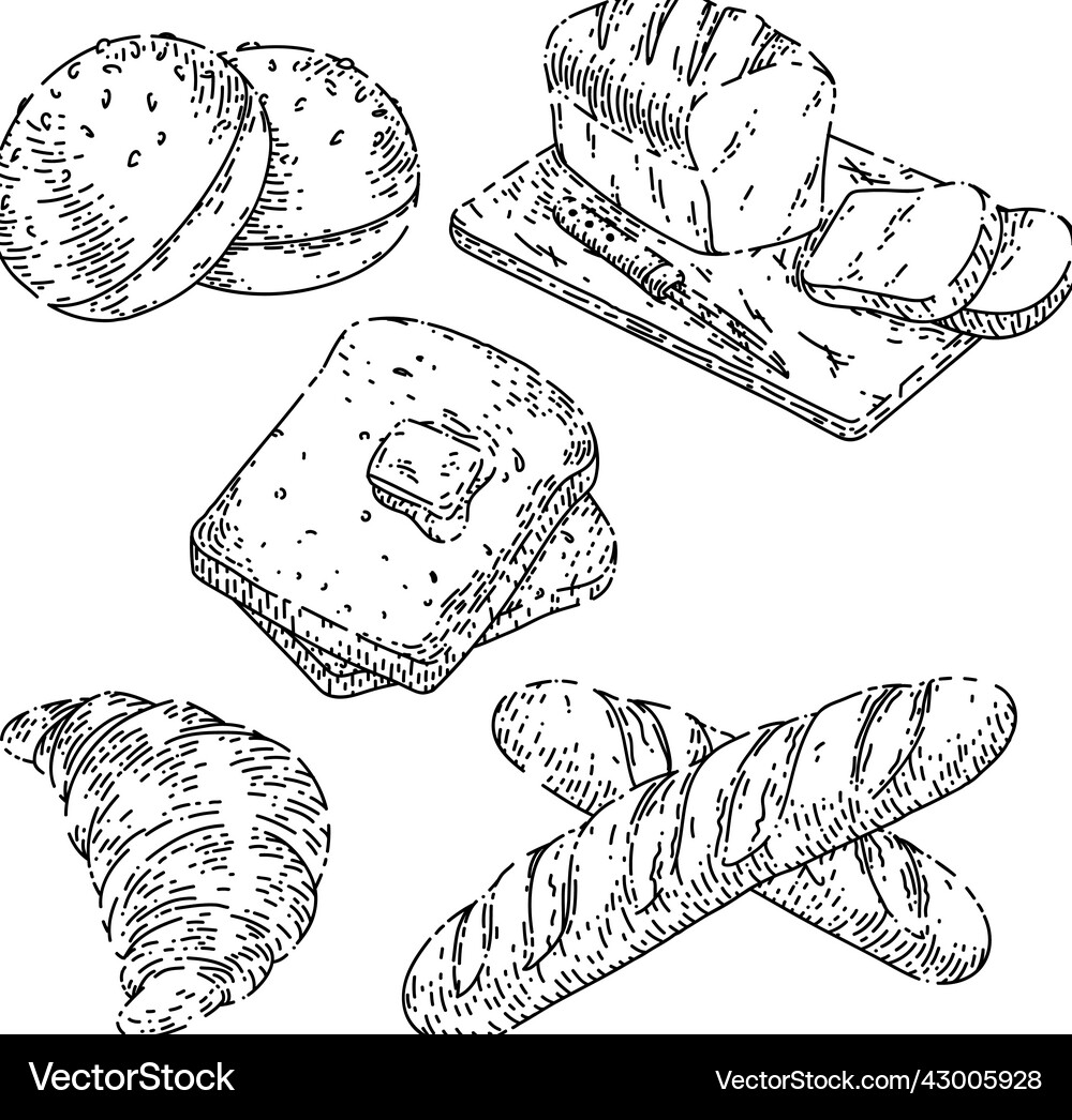 Bread bakery food set sketch hand drawn Royalty Free Vector