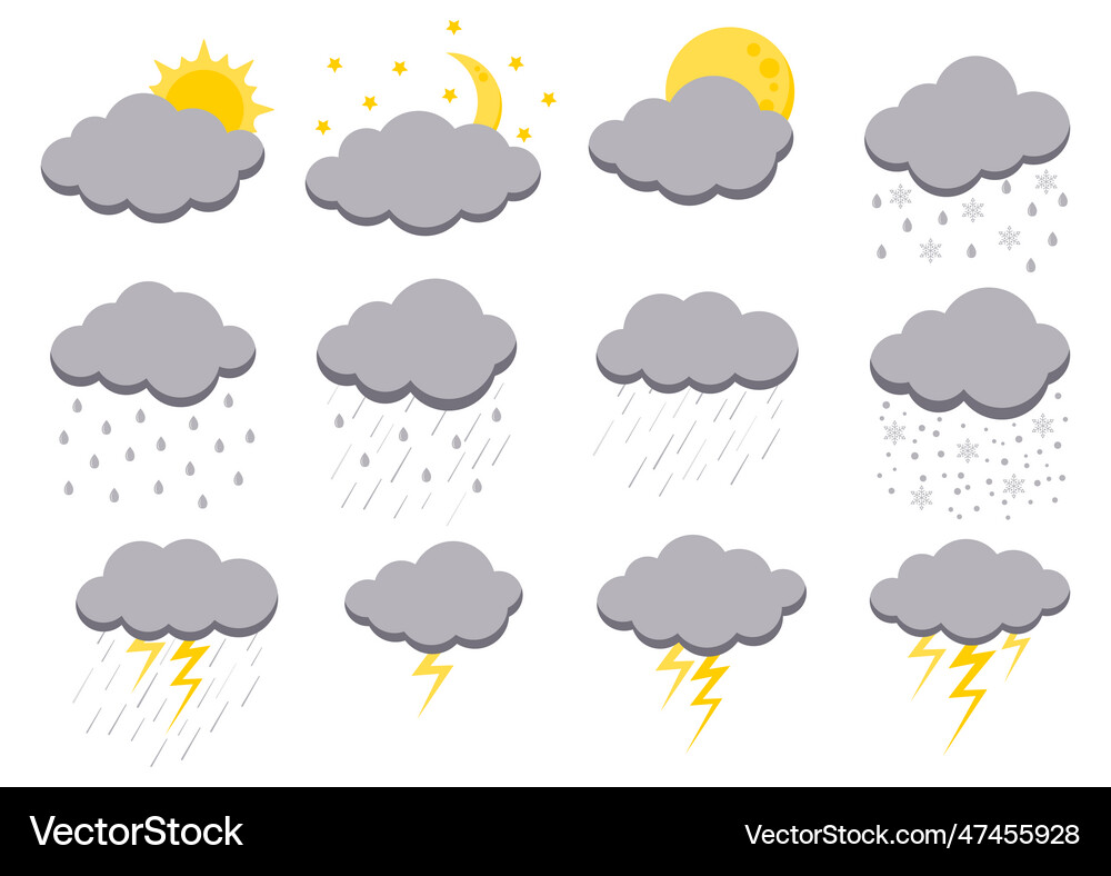 Clouds rain bad weather icon set isolated on white