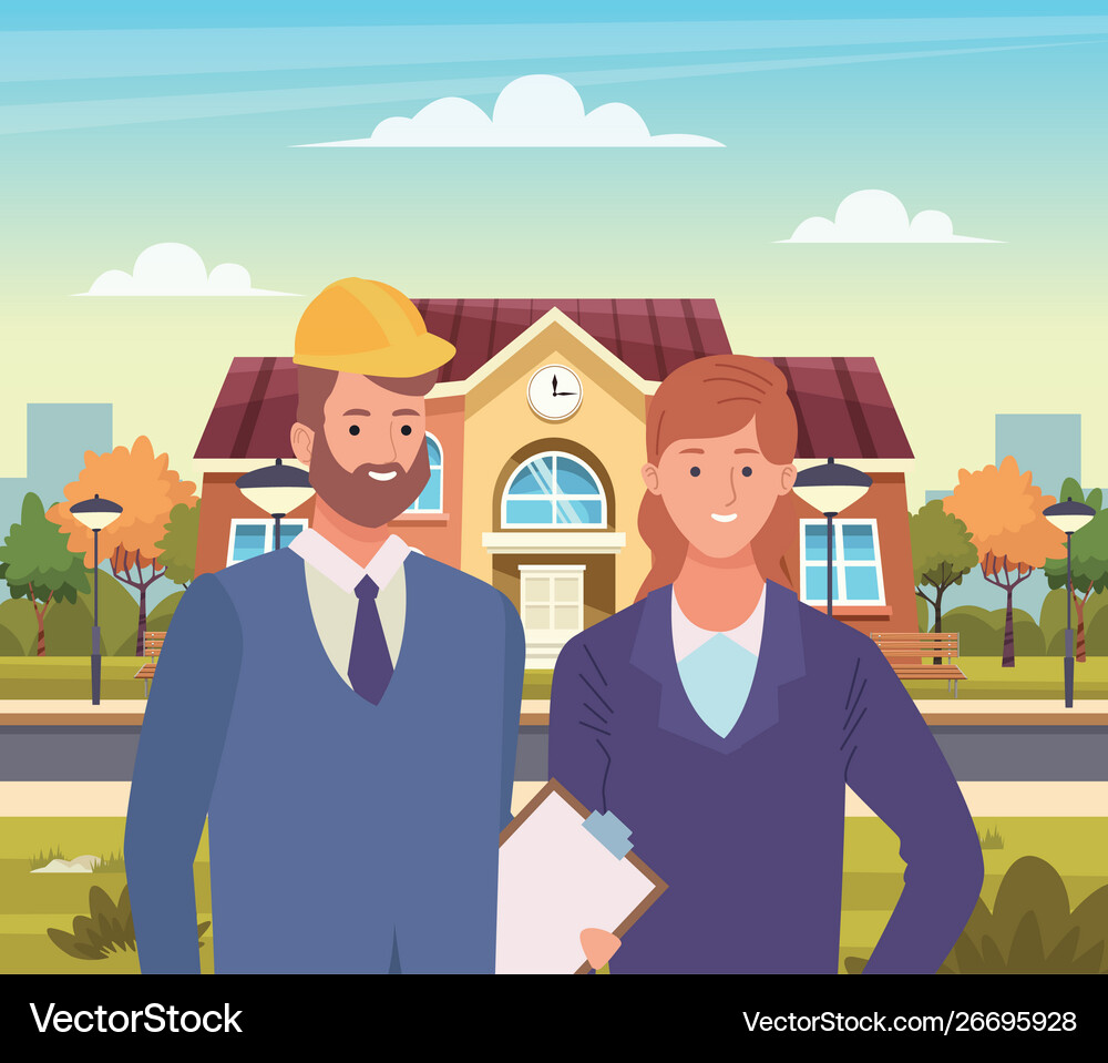 Professionals workers couple smiling cartoons Vector Image
