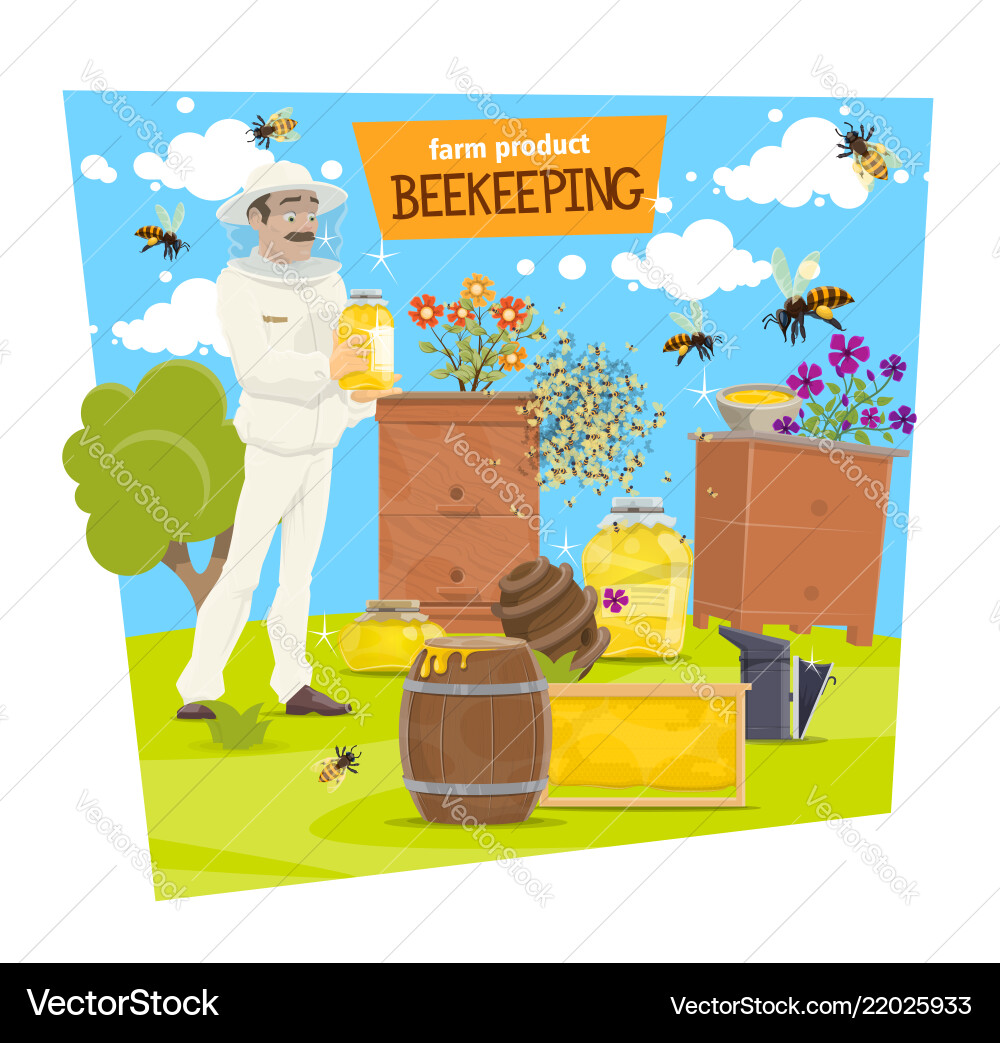 Beekeeping farm and beekeeper with honey Vector Image