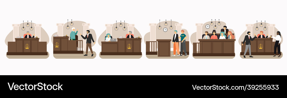 Legal trial scene set flat Royalty Free Vector Image