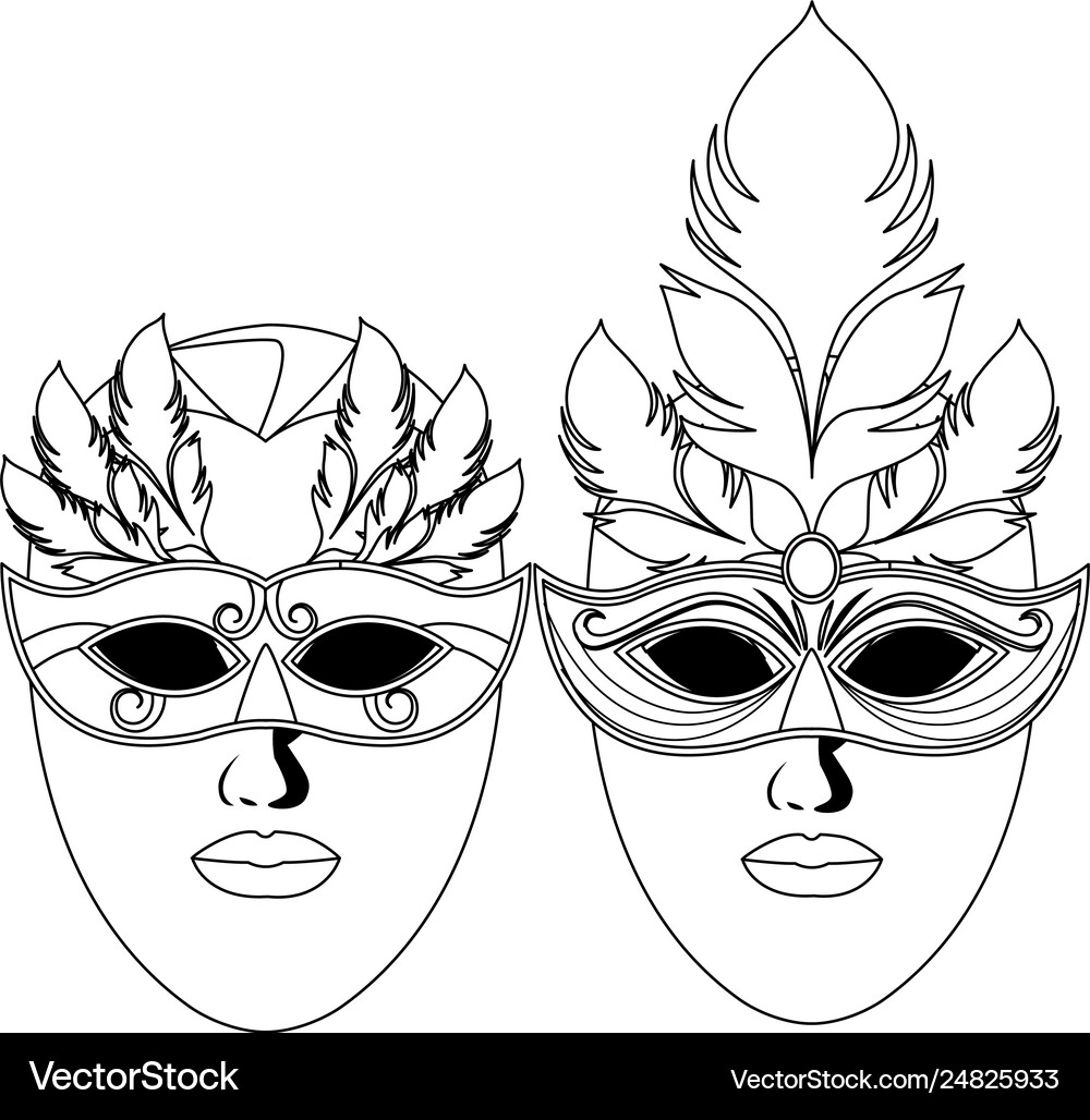 Masks and feathers black white Royalty Free Vector Image