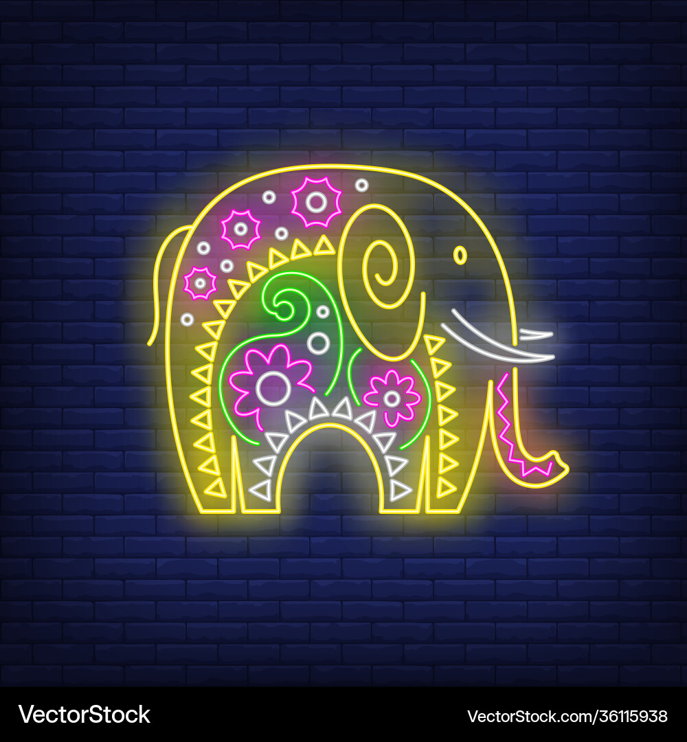 Decorated indian elephant neon sign Royalty Free Vector
