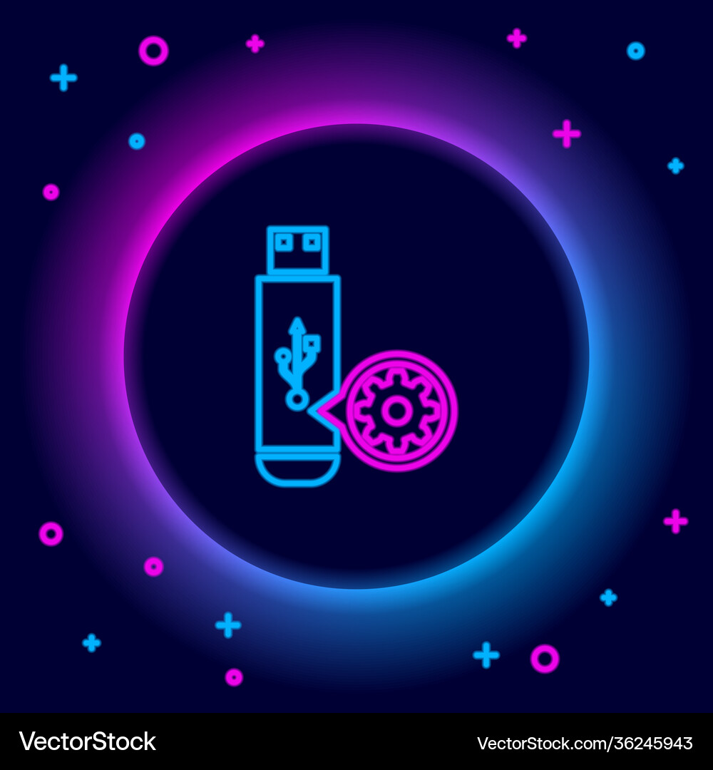 Glowing neon line usb flash drive and gear icon Vector Image