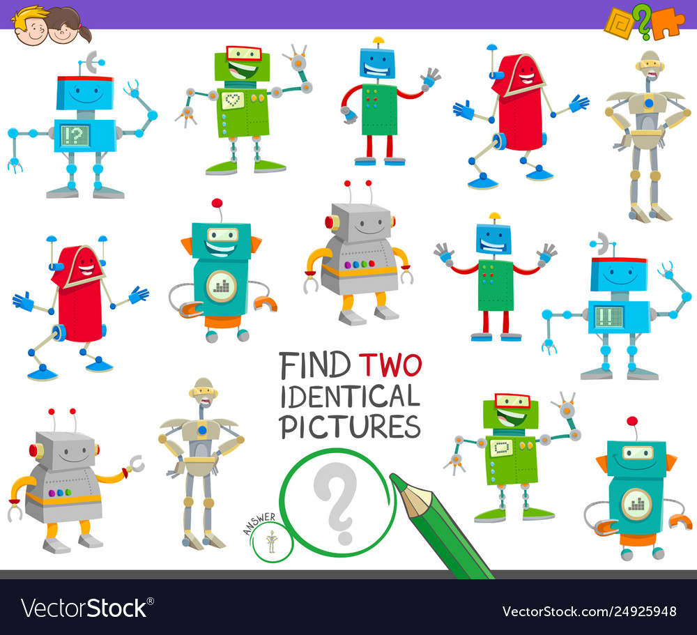 Find two identical robots task for children Vector Image