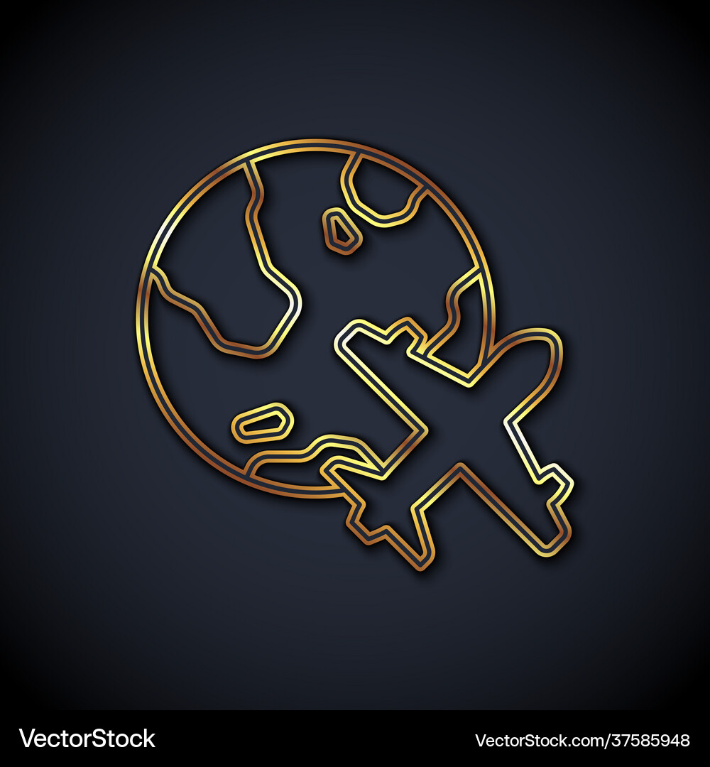 Gold line globe with flying plane icon isolated Vector Image