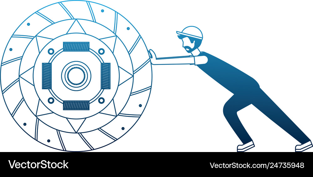 Mechanic pushing clutch plate auto part design Vector Image