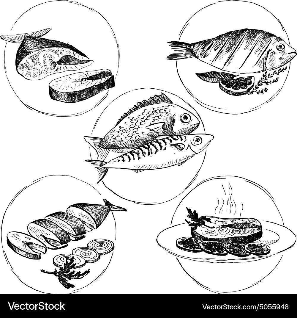Set of hand drawn fish dishes Royalty Free Vector Image