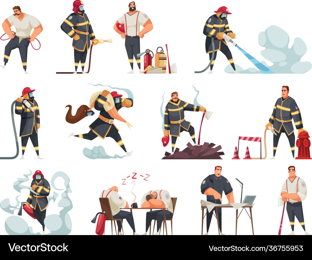 Firefighters cartoon set Royalty Free Vector Image