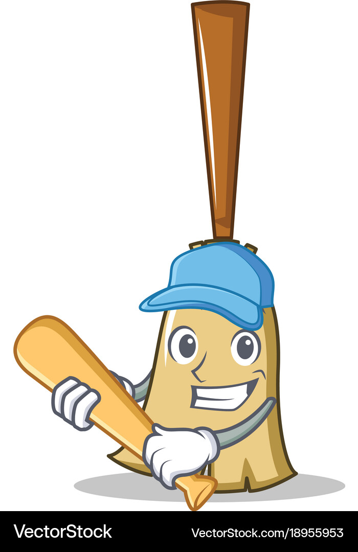 Playing baseball broom character cartoon style Vector Image