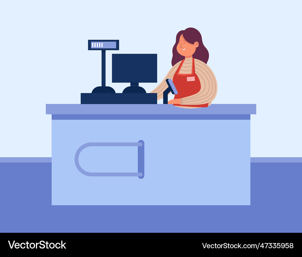 Female cartoon worker standing behind checkout Vector Image