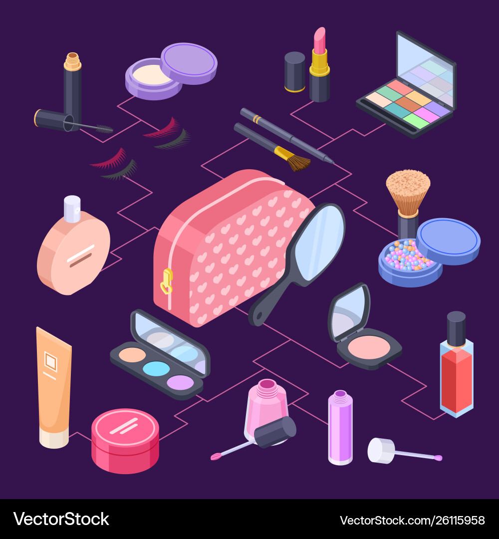 Female isometric cosmetics bag concept Royalty Free Vector