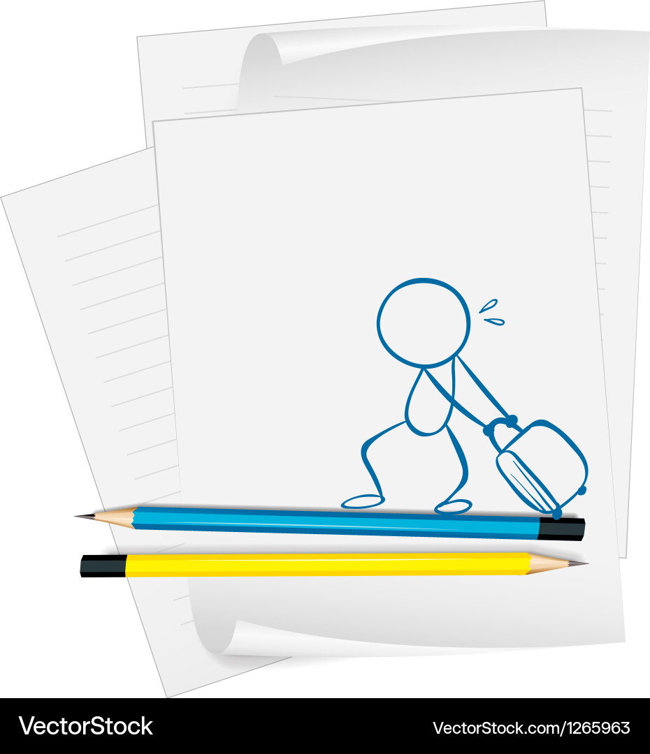 A paper with a sketch of a boy pulling a bag Vector Image