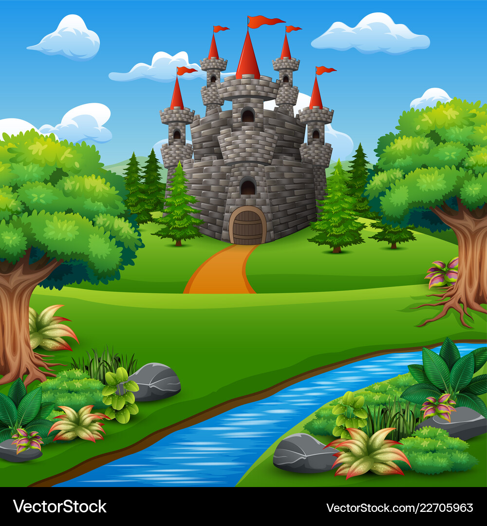 Cartoon castle on hill landscape Royalty Free Vector Image