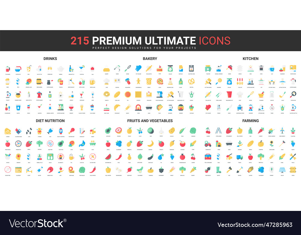 Diet food and nutrition farming color flat icons Vector Image