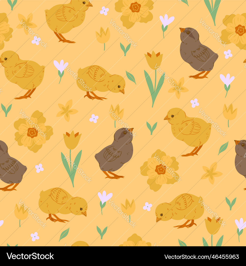 Seamless pattern with baby chickens and flowers Vector Image
