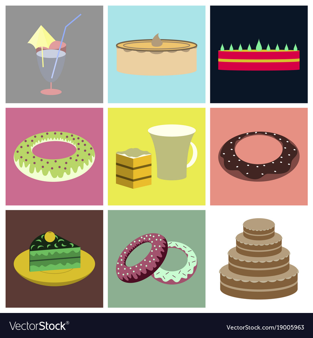 Set icons in flat design cakes desserts Royalty Free Vector