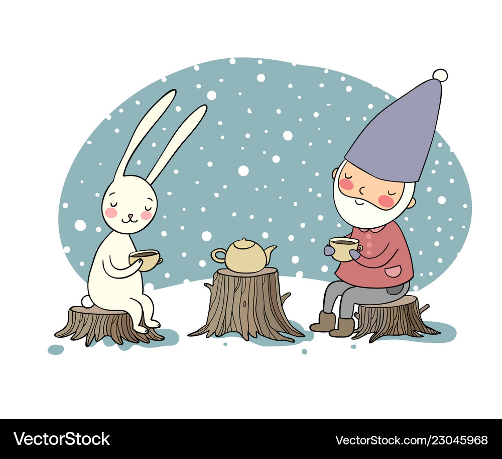 Gnome and the hare drink tea in forest Royalty Free Vector