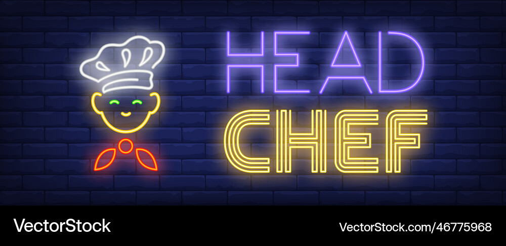 Head chef neon text with kid wearing cook hat Vector Image
