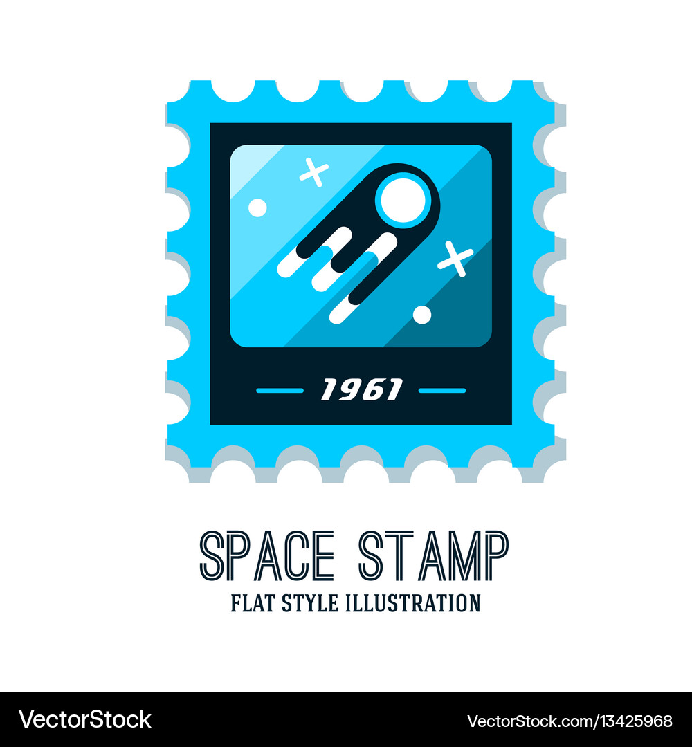 Post stamp with rocket in the space and flat stamp