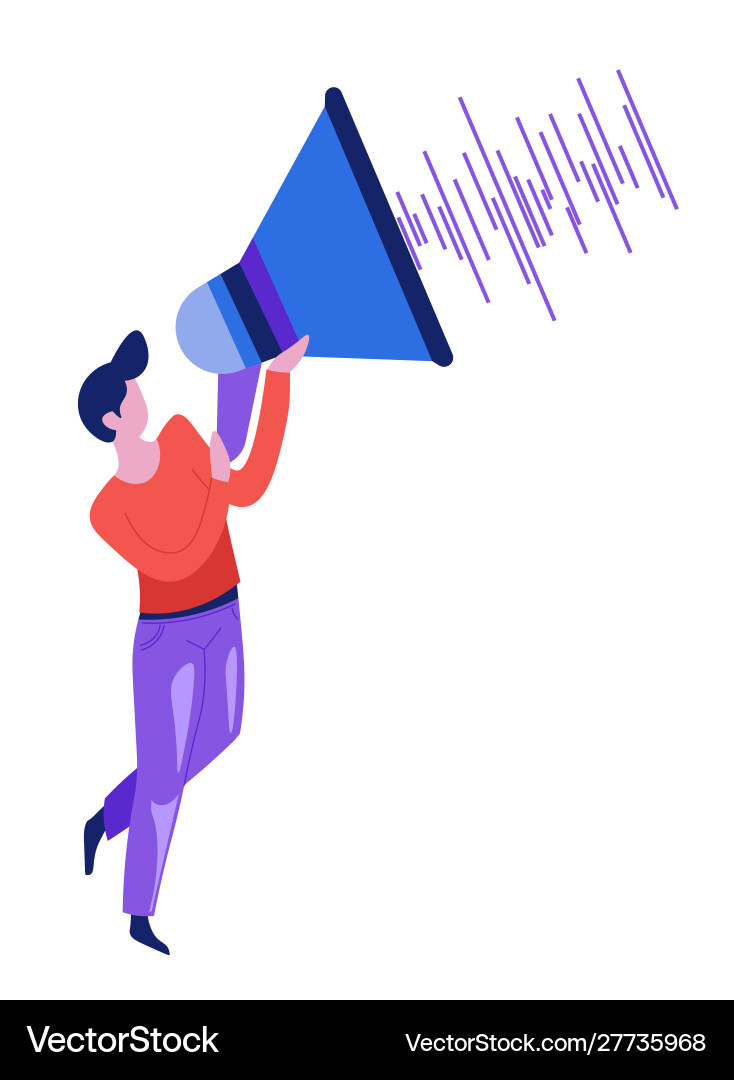 Sound wave isolated character man with loudspeaker