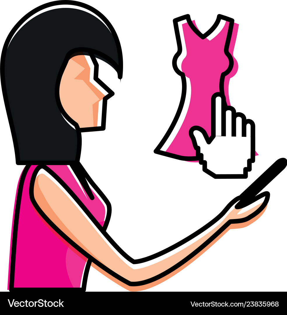 Woman using smartphone buying clothes Royalty Free Vector