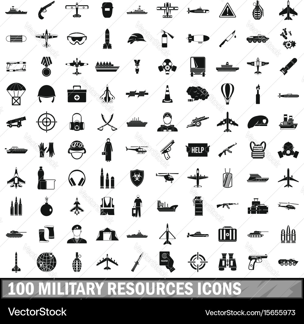 100 military resources icons set simple style Vector Image