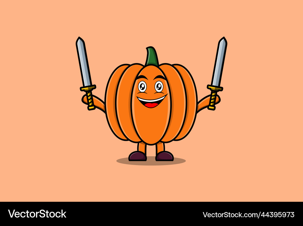 Cute cartoon pumpkin holding sword and shield Vector Image