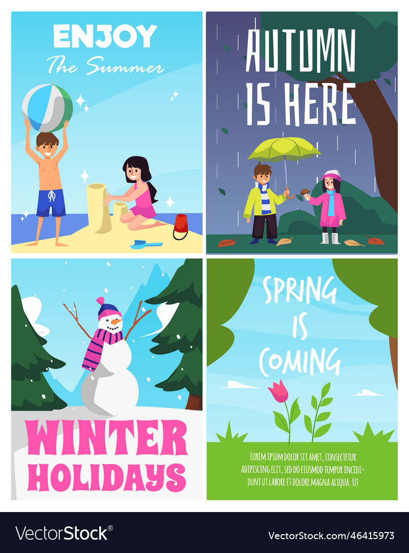 Four season banners or cards with kids flat Vector Image