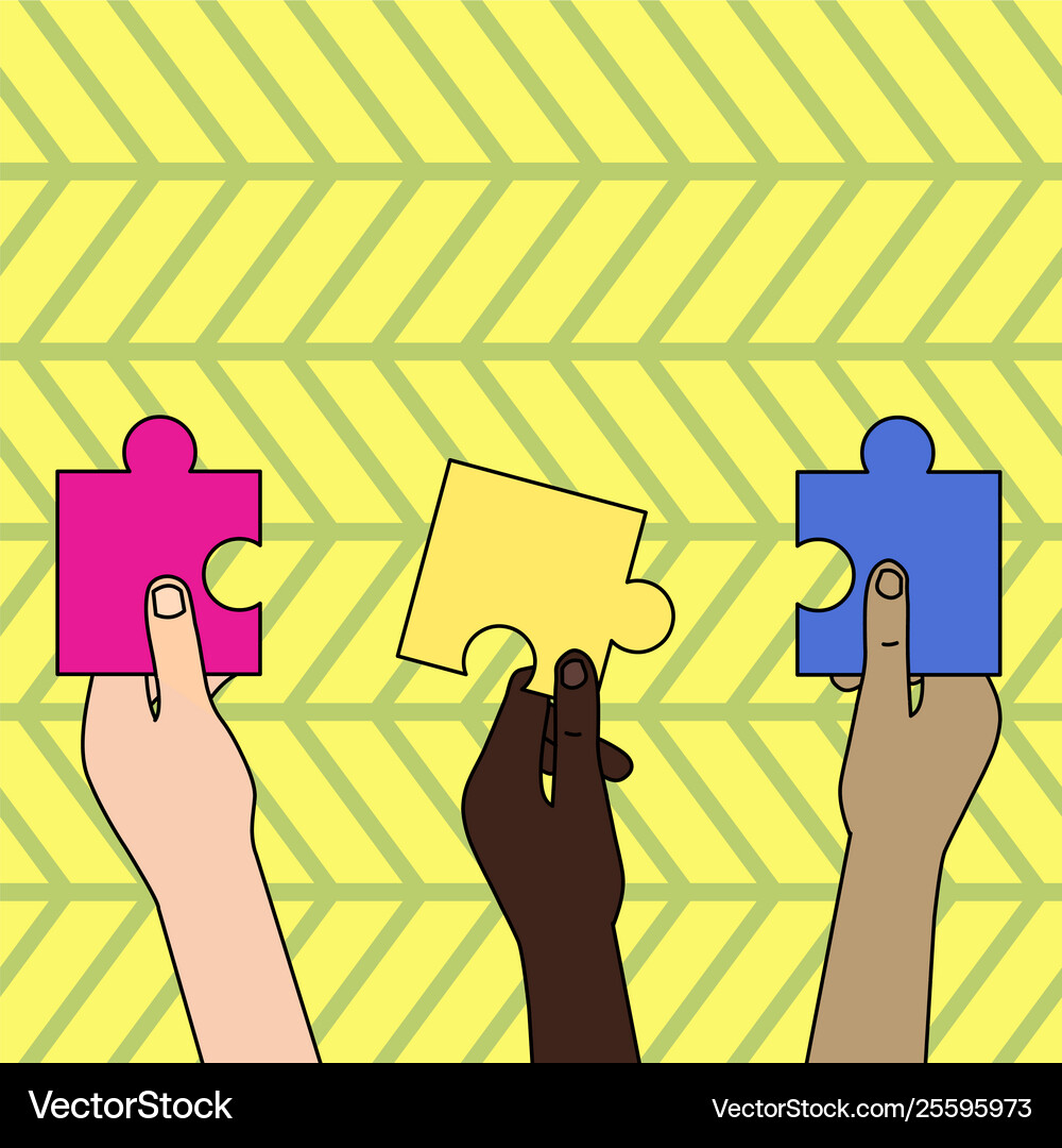 Hands holding colored empty jigsaw puzzle pieces Vector Image