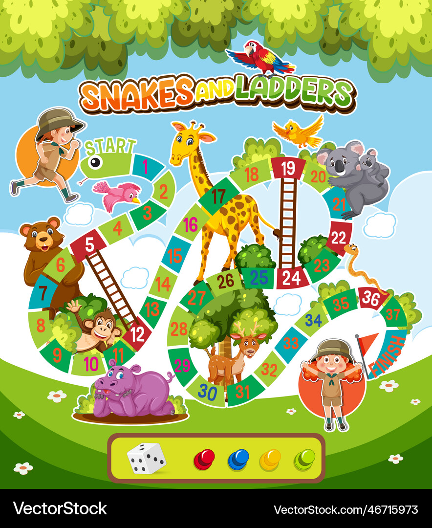 Snakes and ladders board game template Royalty Free Vector