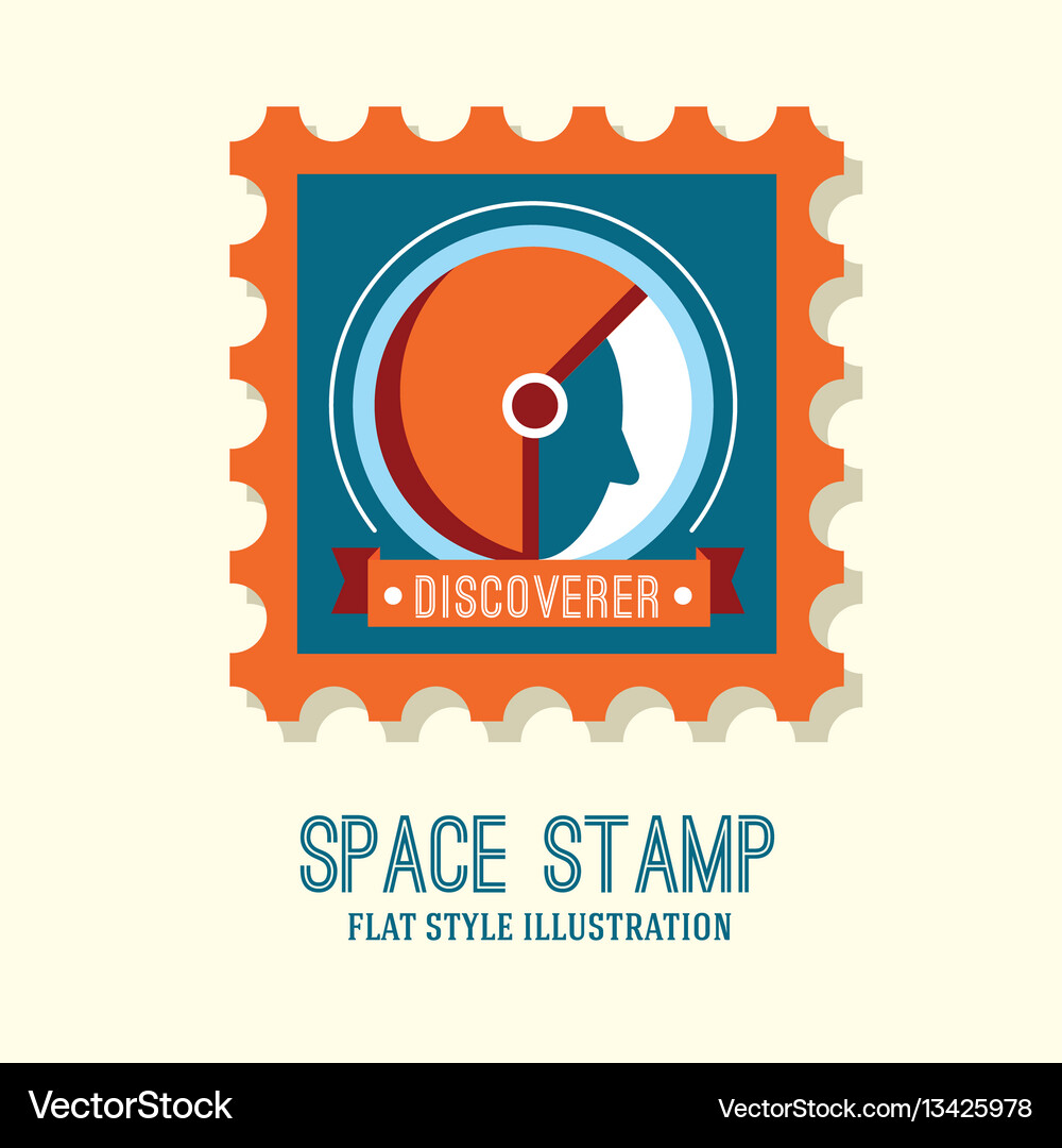 Post stamp with rocket in the space and flat stamp