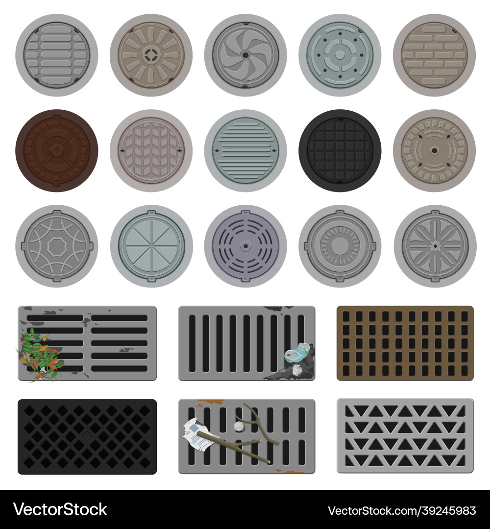 Manhole sewer cartoon icon set collection Vector Image